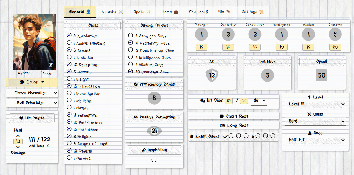 Notebook Character Sheet Skin · Sheet skin